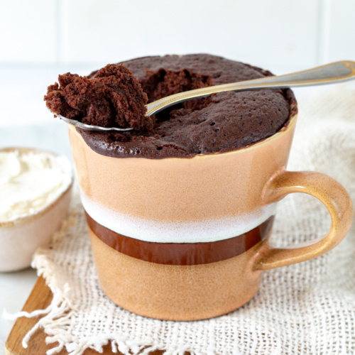 Quick and easy chocolate mug cake recipe (no egg) - In Laura's Bakery